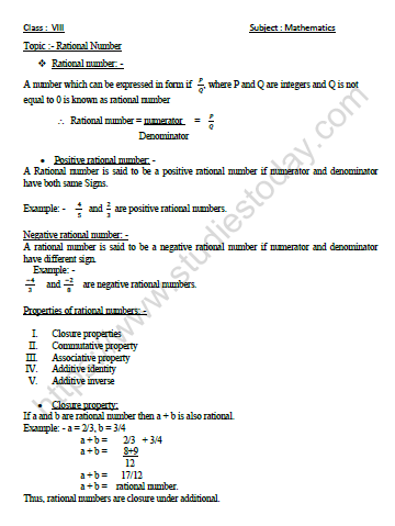 CBSE Class 8 Mathematics Rational Numbers Worksheet Set A